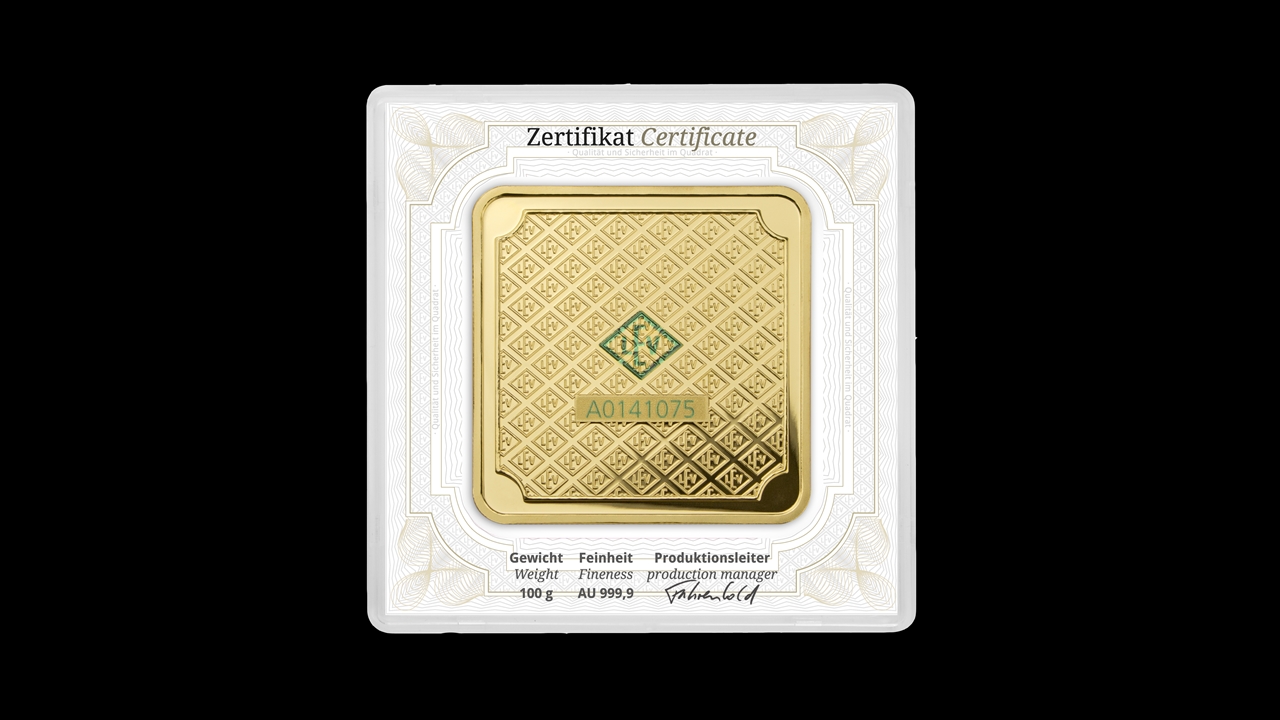 Bullion List - Gold - 50g Gold Geiger Square Bar (Capsule)