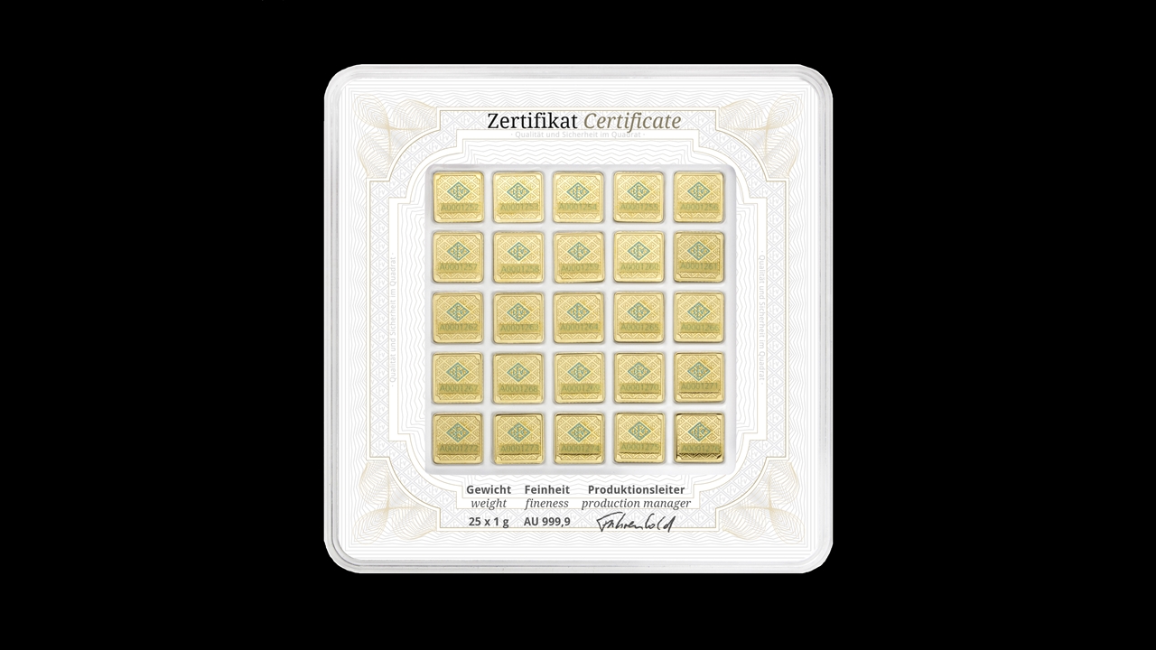 Bullion List - Gold - 1g x25 Gold Geiger Square Bar (Capsule)