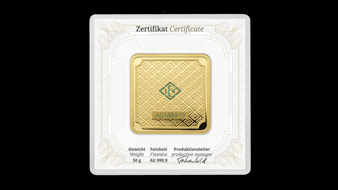Bullion List - Browse - Gold Bars - 50g Gold Geiger Square Bar (Capsule)